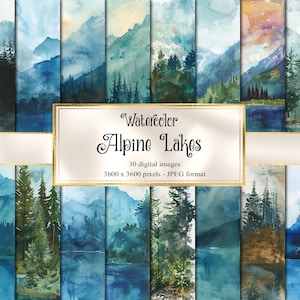 Watercolor Alpine Lakes Backgrounds, Watercolour Wash Digital Paper ...