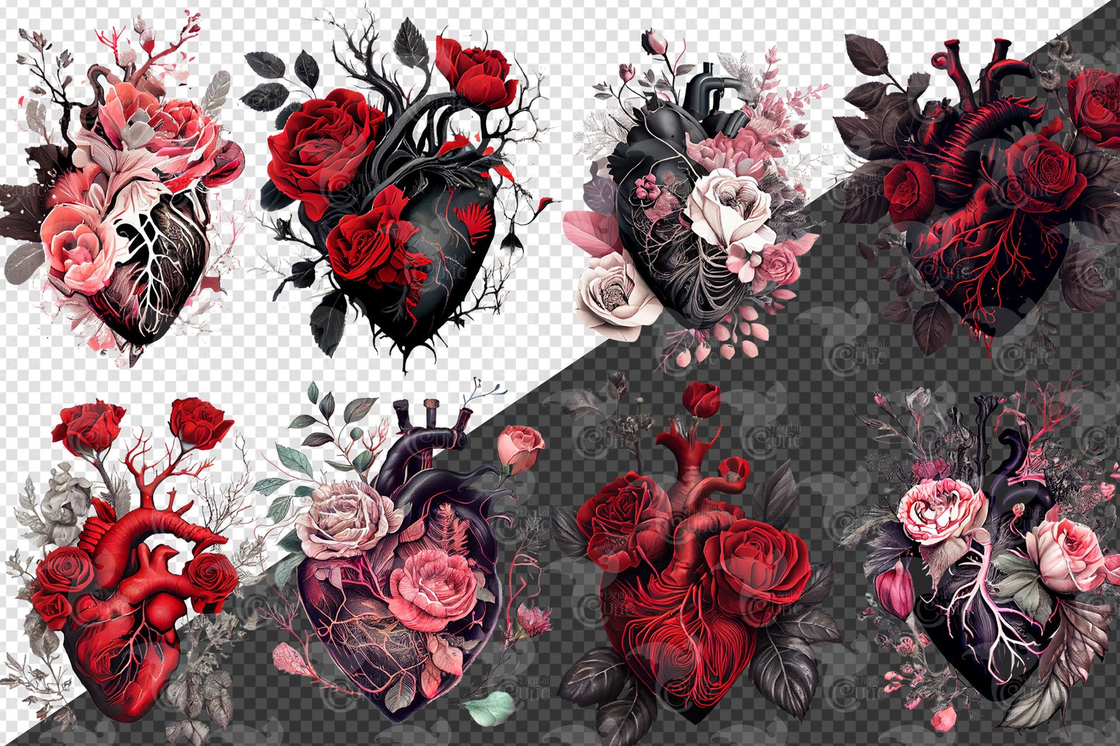 Gothic Floral Heart Clipart, Anatomical Valentine Illustrations Digital ...
