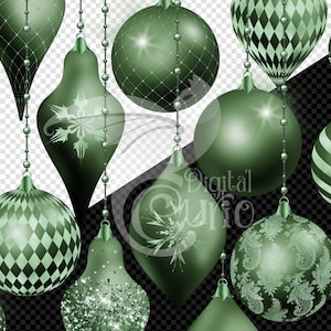 Sage Green Christmas Ornaments Clipart, Digital Glitter Christmas Ball ...