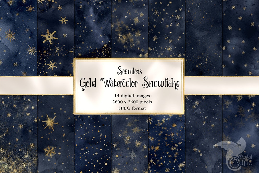 Gold Watercolor Snowflakes Digital Paper - Seamless Gold and Navy ...
