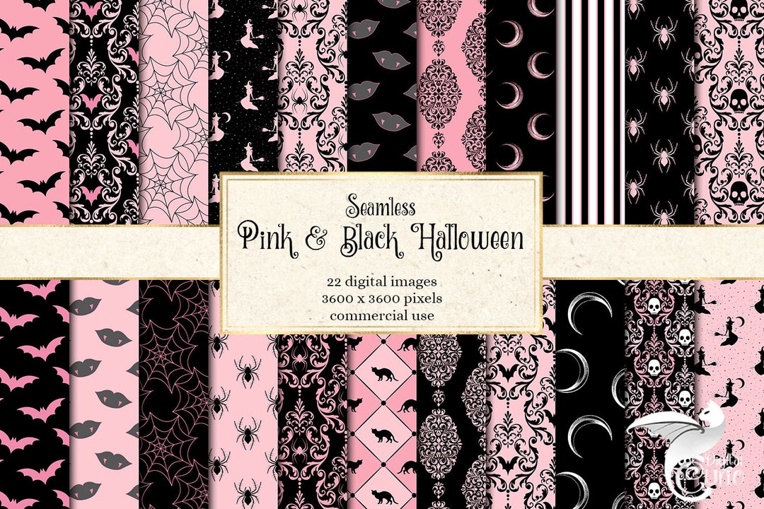 Pink and Black Halloween Digital Paper, Seamless Witch and Skull Gothic ...