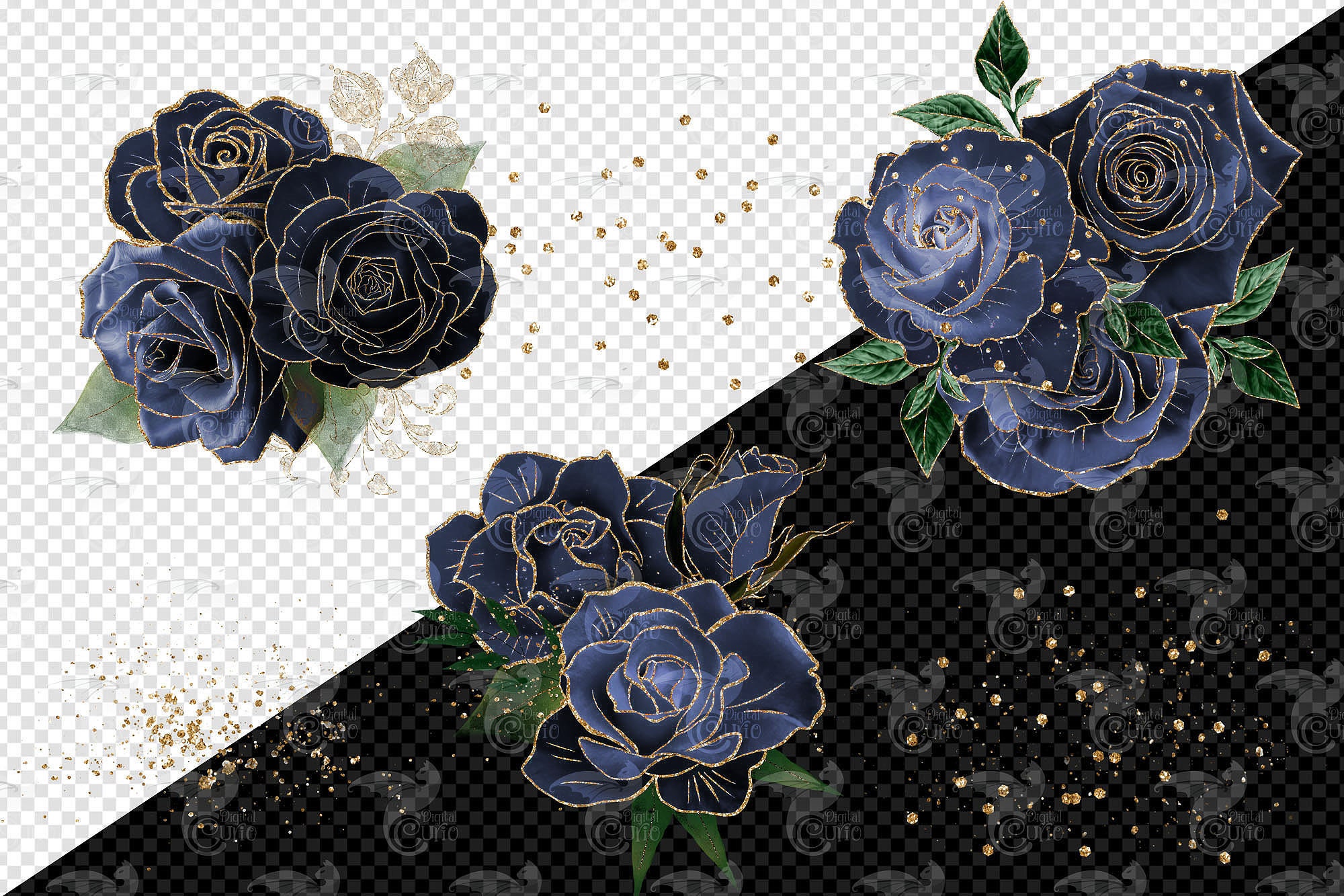Navy and Gold Glam Rose Clip Art Digital Instant Download - Etsy