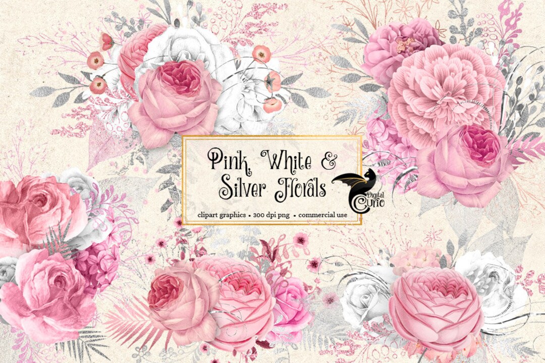 Pink, White and Silver Floral Clip Art, Digital Download Painted Rustic ...