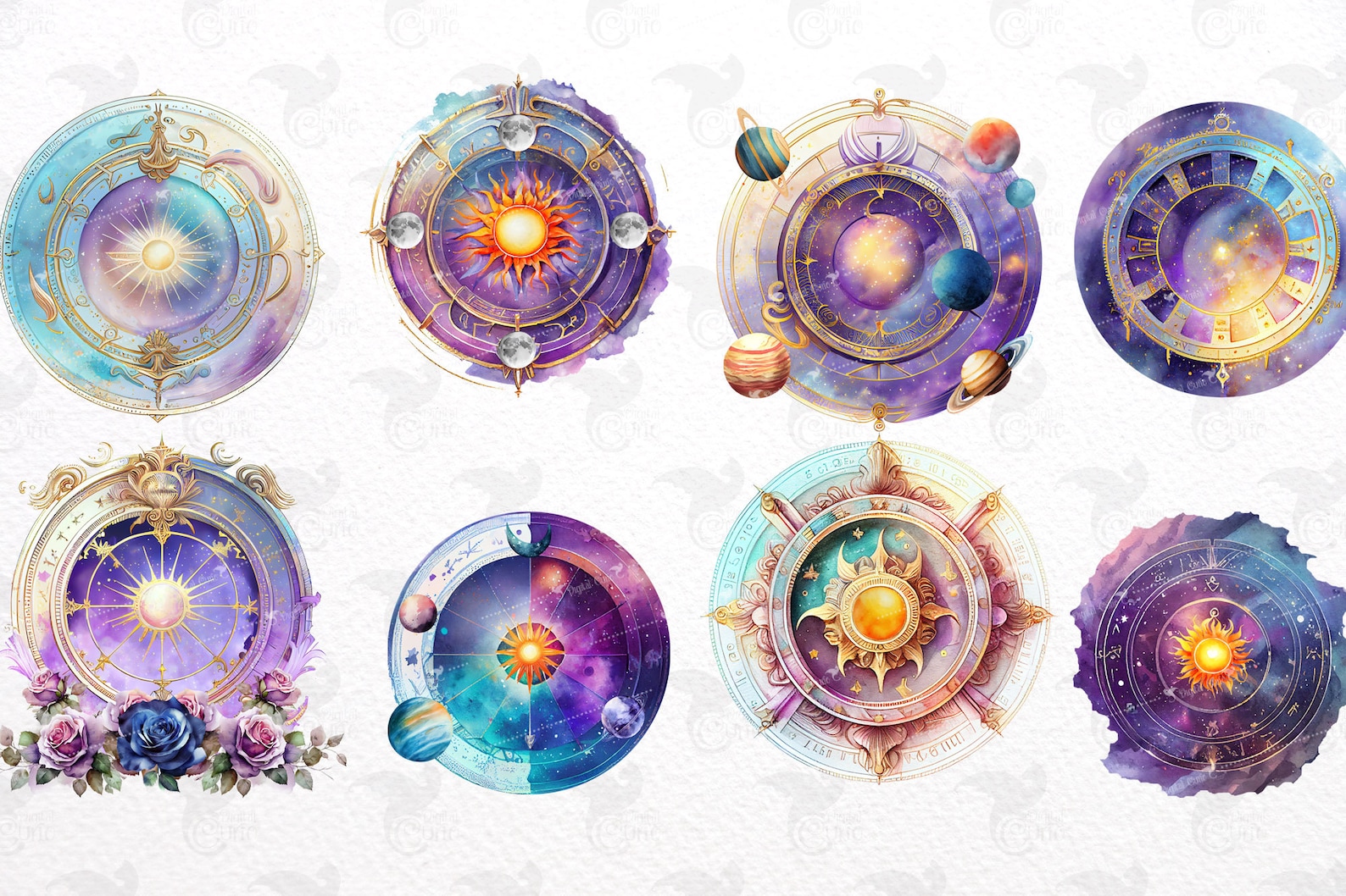 Watercolor Celestial Time Wheels Clipart – Fantasy Magic PNG (digital ...
