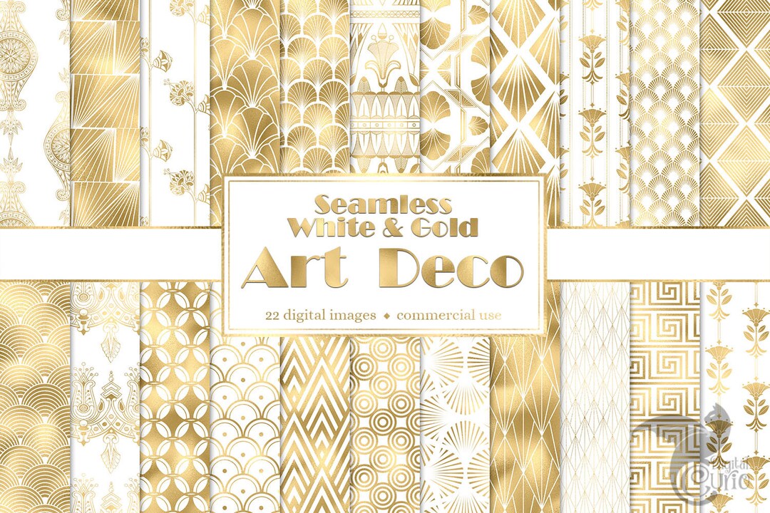 White and Gold Art Deco Digital Paper, Seamless Deco Patterns With ...