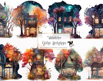 Watercolor Gothic Bookshop Clipart – Autumn PNG Images (digital ...