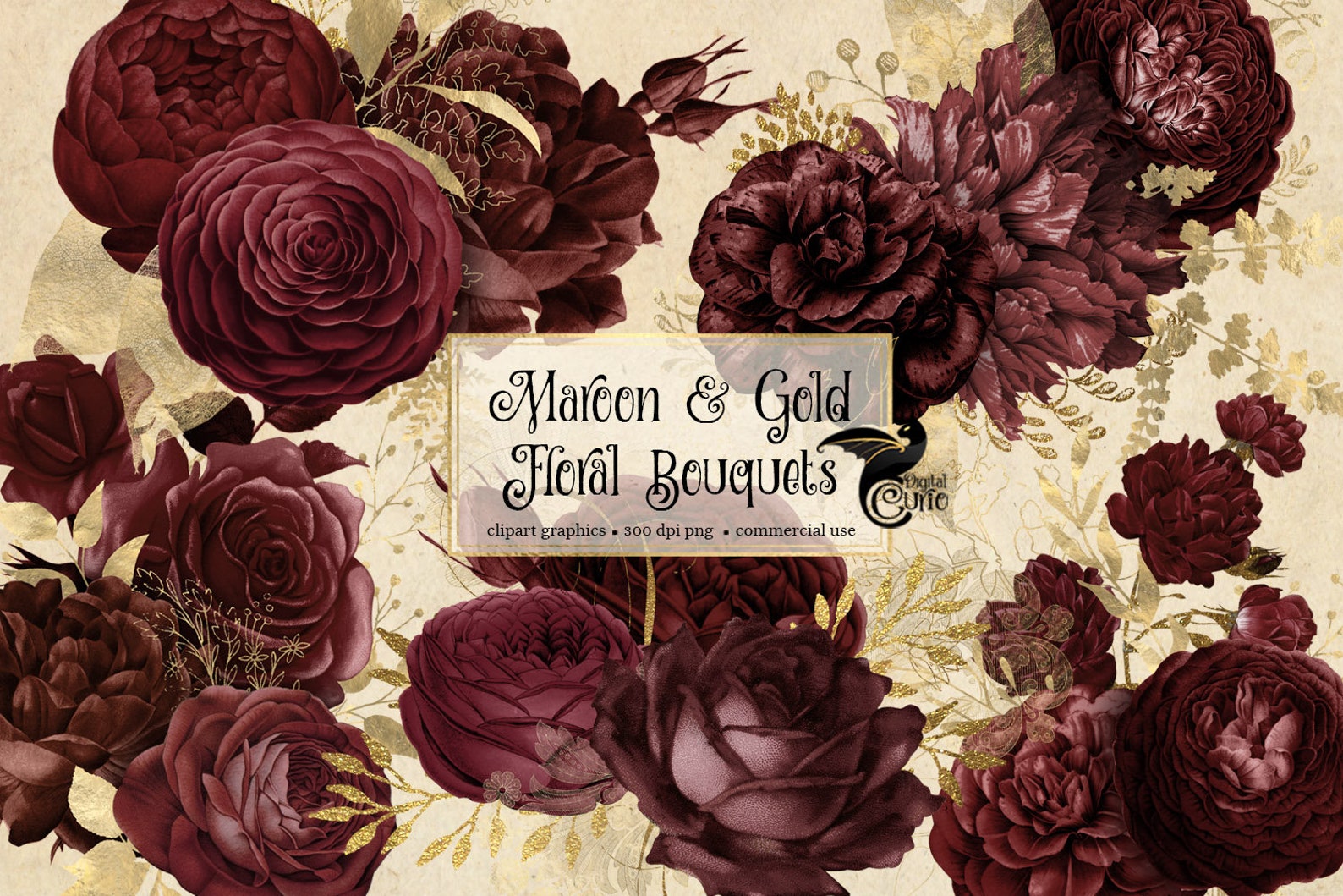 Maroon and Gold Floral Clipart Rustic Wedding Bouquets and - Etsy