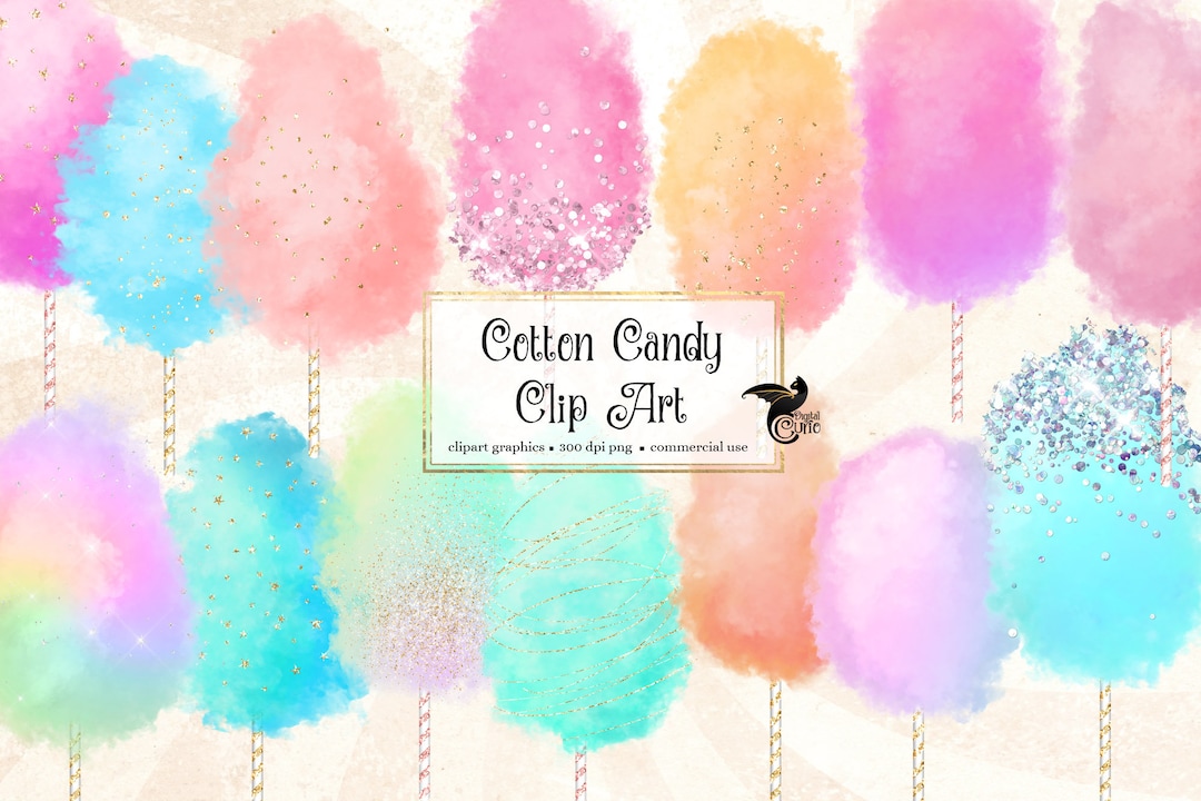 Cotton Candy Clipart - Watercolor and Gold Glitter Clip Art Graphics ...