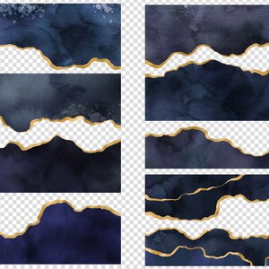 Navy Blue Painted Agate Borders, Digital Watercolor Geode PNG Overlays ...
