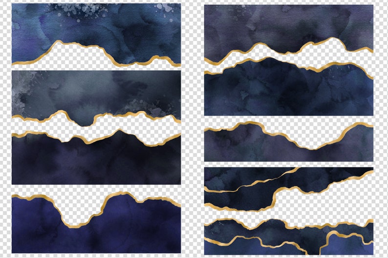 Navy Blue Painted Agate Borders Digital Watercolor Geode PNG | Etsy