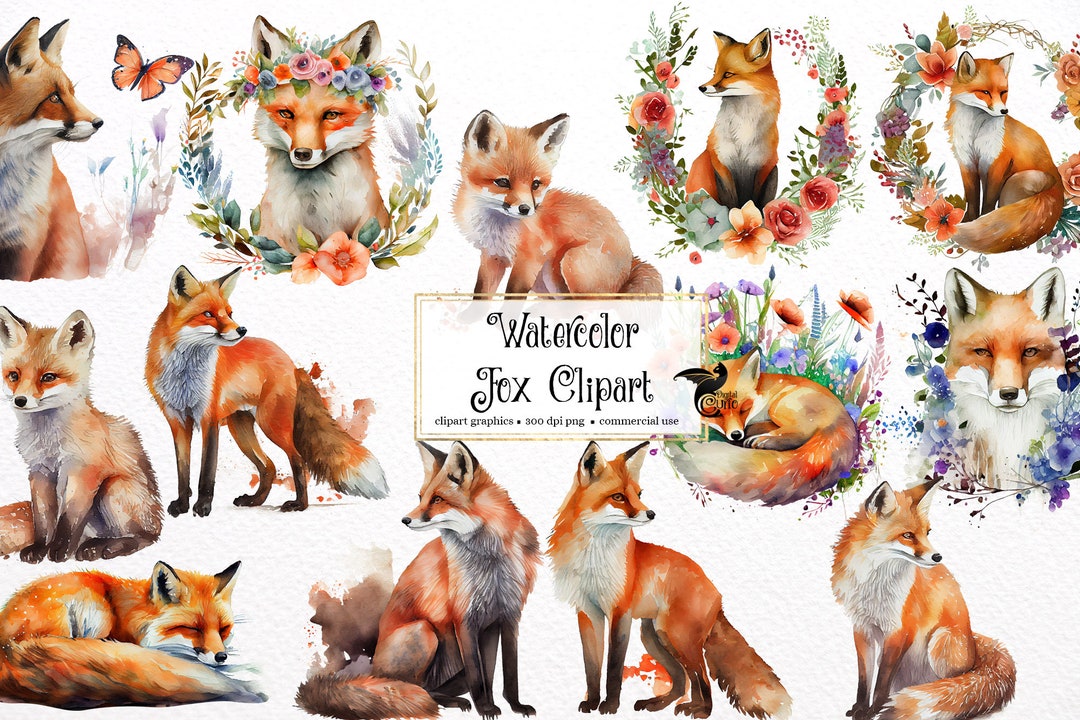 Watercolor Fox Clipart, Painted Foxes Clipart, Woodland Animal ...