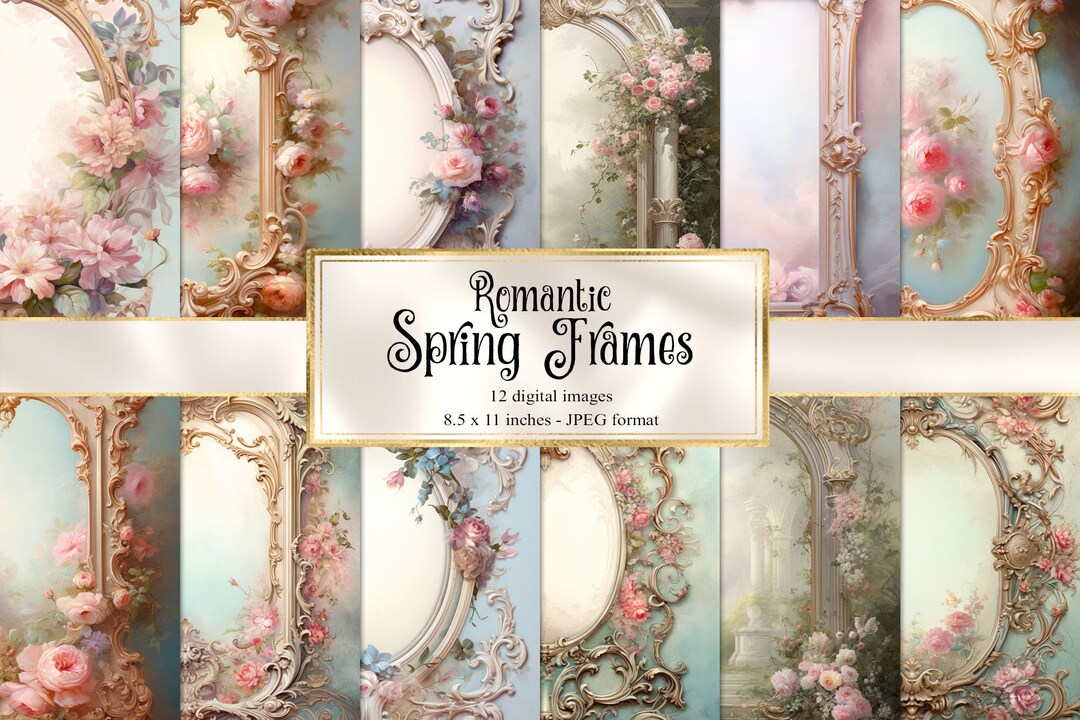 Floral Frame Digital Paper Pack, Romantic Spring Colors (digital ...
