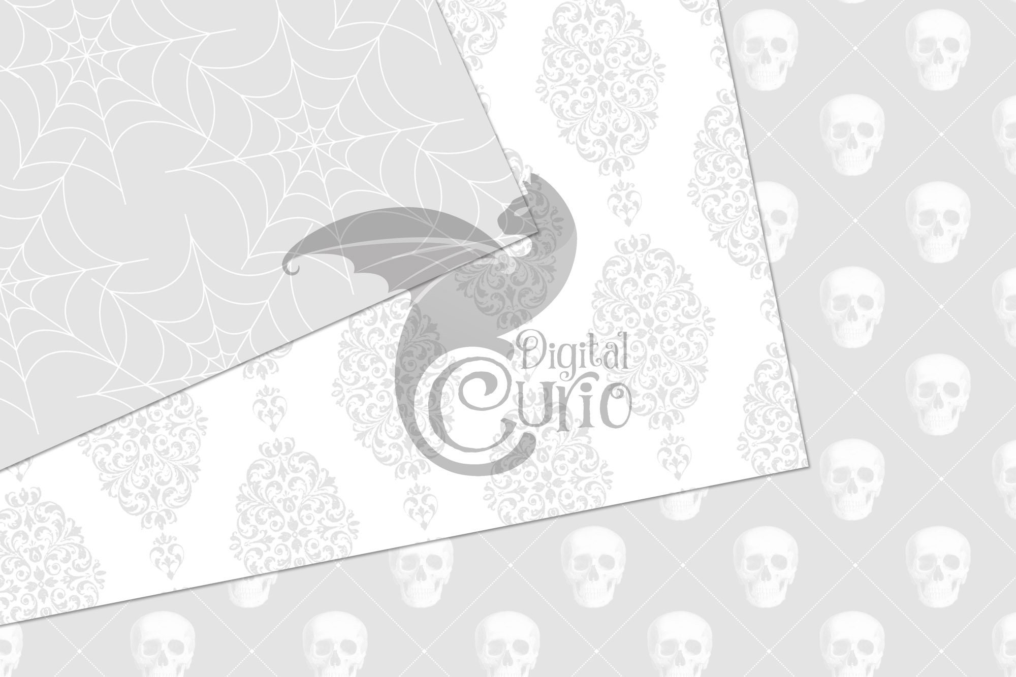 White Gothic Digital Paper Seamless Skull Damask Halloween - Etsy