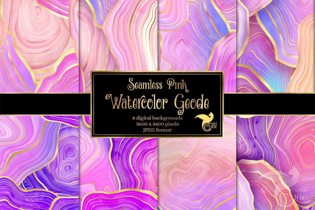 Pink Watercolor Geode Digital Paper, Seamless Agate Texture Backgrounds ...