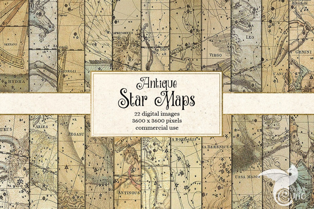 Antique Star Maps Digital Paper, Constellation Celestial Atlas Zodiac ...