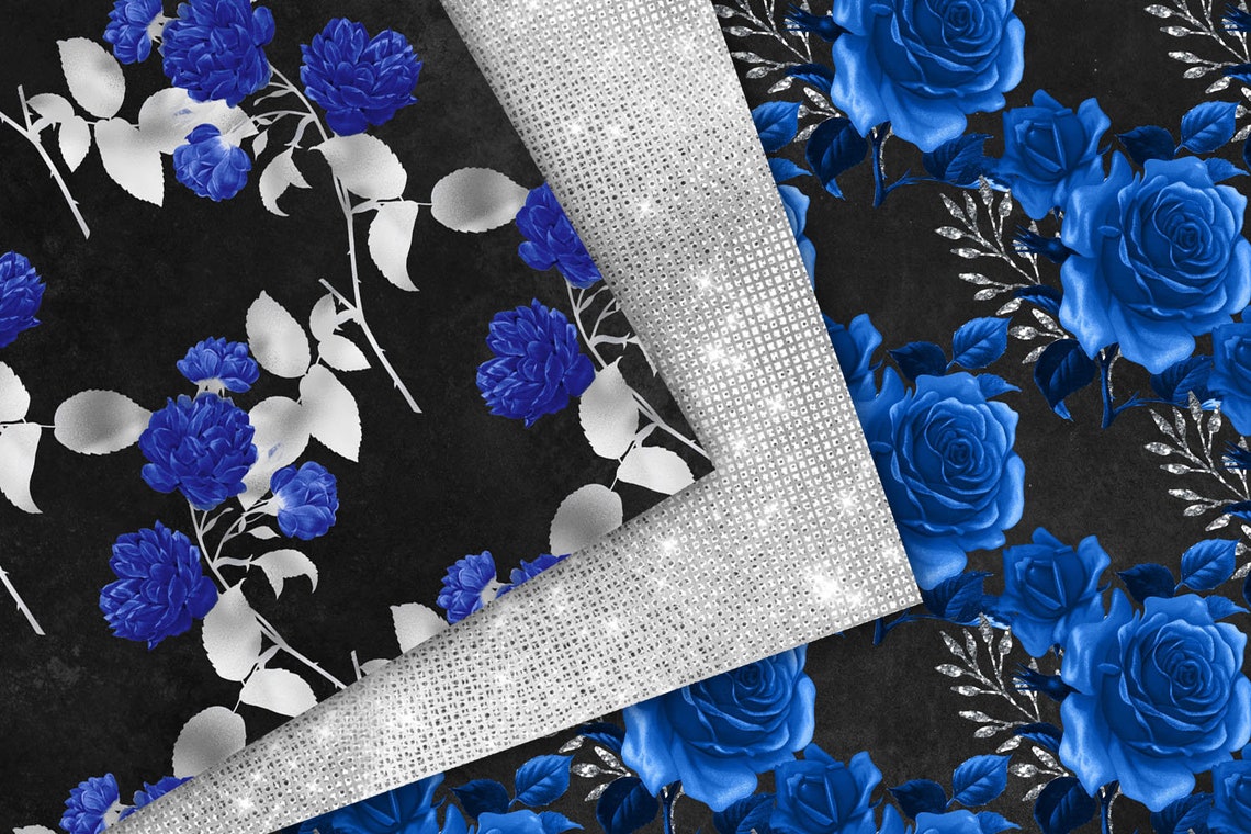 Royal Blue and Silver Floral Digital Paper, Seamless Blue Rose ...