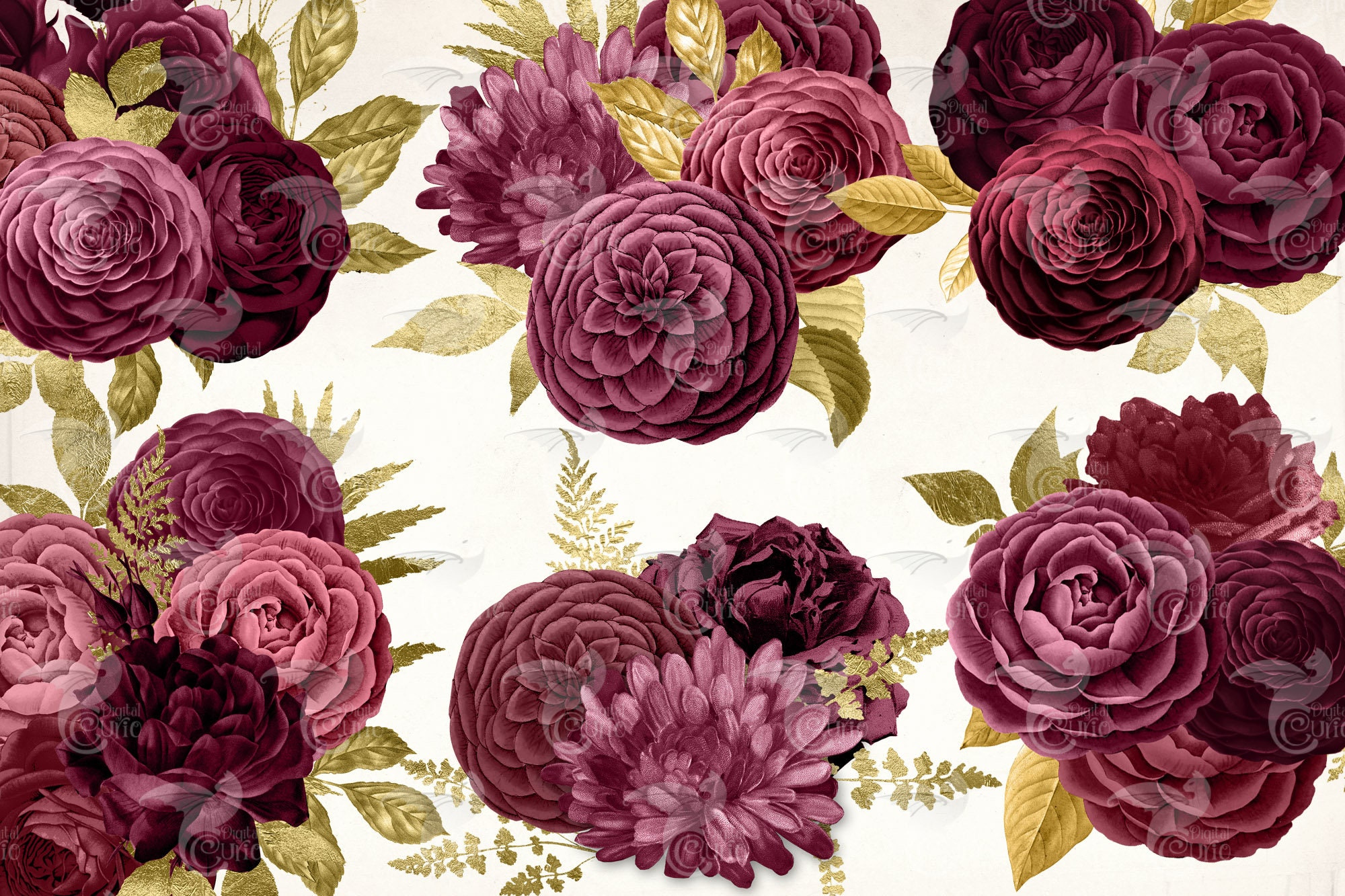 Burgundy and Gold Floral Bouquets Clipart, Wine Red Flowers (digital ...
