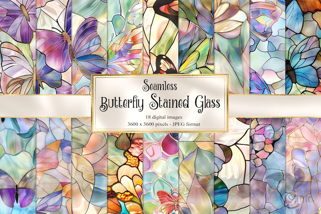 Butterfly Stained Glass Digital Paper, Seamless Printable Textures ...