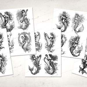 Mermaid Line Art Clipart - Floral Mermaids Clip Art and Collage Sheets ...