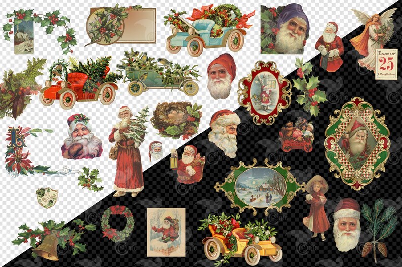 Vintage Christmas Clipart, Antique Santa, Holly Graphics (digital ...