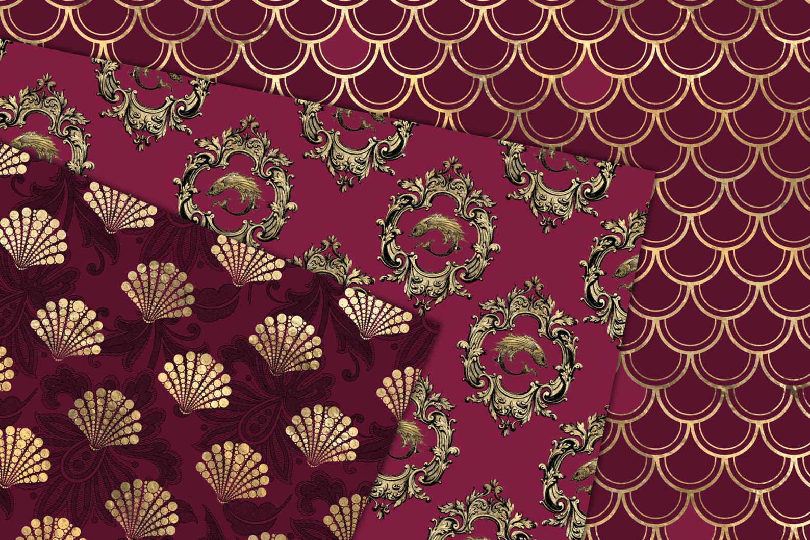 Burgundy and Gold Mermaid Digital Paper Seamless Gold Mermaid - Etsy