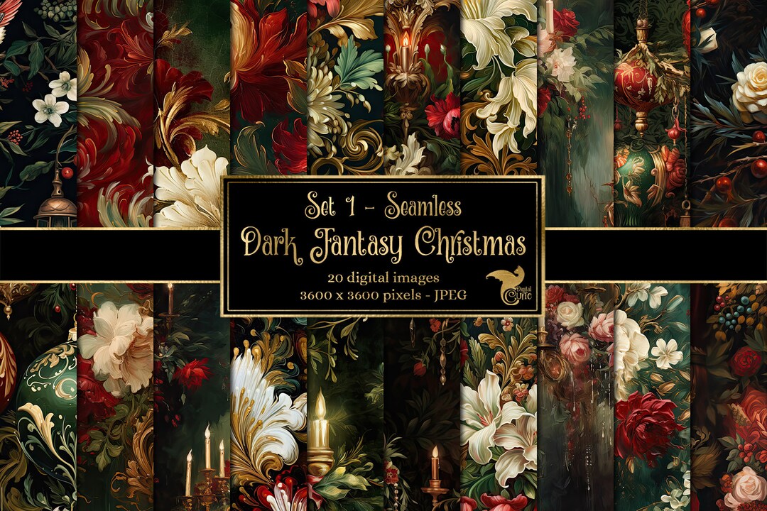 Dark Fantasy Christmas Digital Paper, Gothic Floral Textures (seamless ...