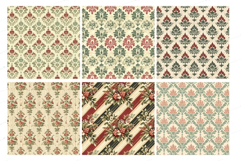 Victorian Christmas Digital Paper, Vintage Red Green Wallpaper Patterns ...