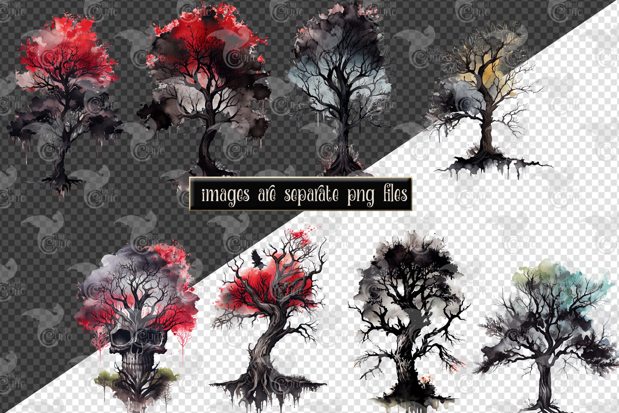 Watercolor Gothic Trees Clipart – Dark Fantasy Woodland PNG (digital ...