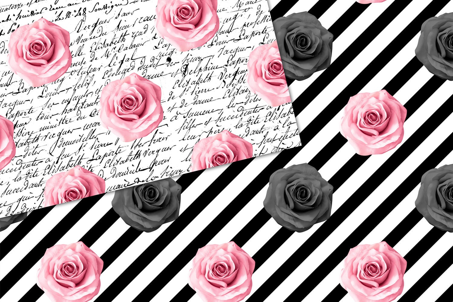 Silk Rose Digital Paper Pink and Black Floral Tiger Stripe - Etsy