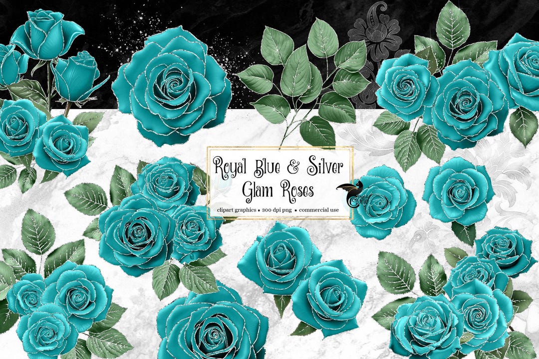 Teal and Silver Rose Clip Art, Glitter Flower PNG Embellishments ...