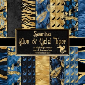 Blue and Gold Tiger Digital Paper, Seamless Tiger Stripe Patterns ...