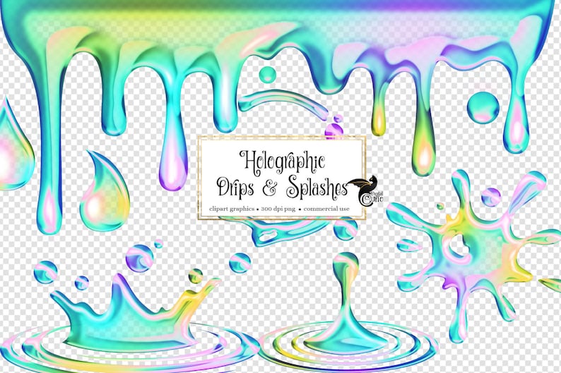 Holographic Drips and Splashes Clipart Digital Clip Art - Etsy