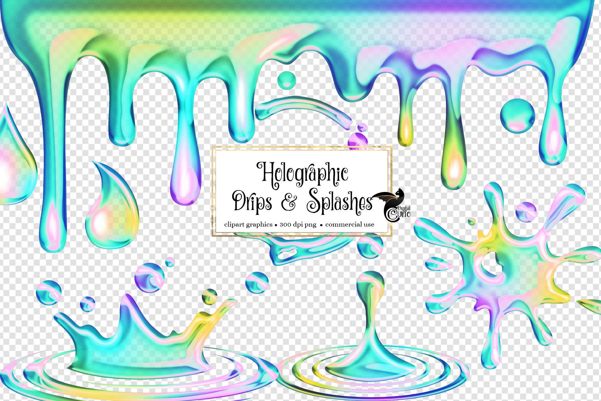 Holographic Drips and Splashes Clipart Digital Clip Art - Etsy