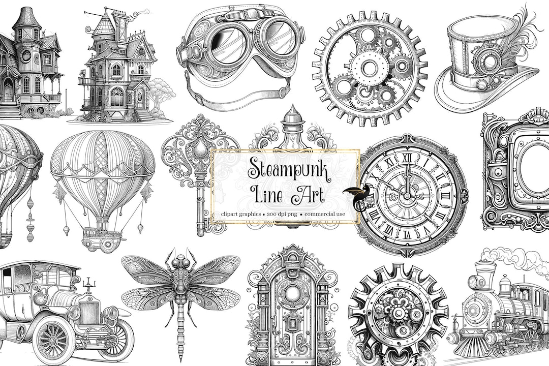 Steampunk Line Art Clipart - Fantasy Clip Art Graphics and Collage ...