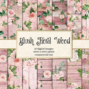 Blush Floral Wood Digital Paper, Shabby Pink Flowers and Wood ...