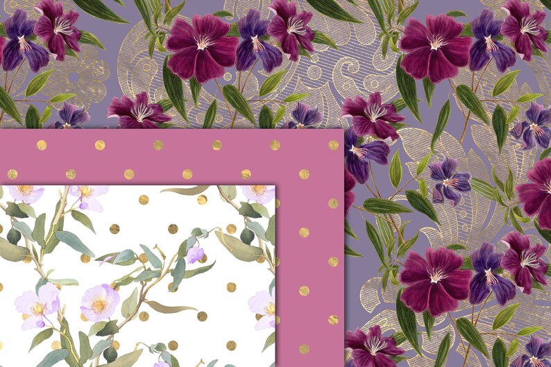 Pink and Purple Floral Digital Paper, Vintage Flower Scrapbook (digital ...