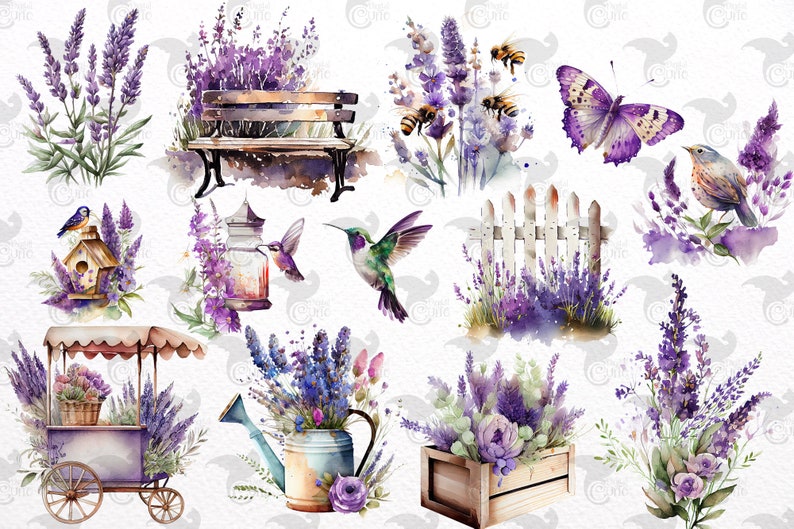 Watercolor Lavender Garden Clipart - Provence Floral Spring PNG Format ...
