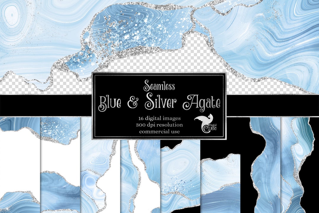 Blue and Silver Agate Borders, Seamless Digital Geode PNG Overlays With ...