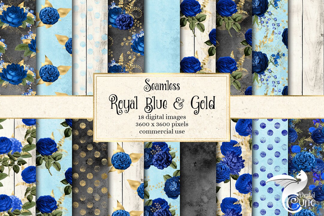 Royal Blue and Gold Floral Digital Paper, Seamless Blue Rose Printable ...