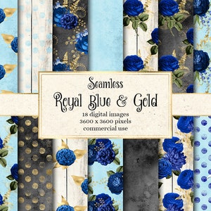 Royal Blue and Gold Floral Digital Paper, Seamless Blue Rose Printable ...
