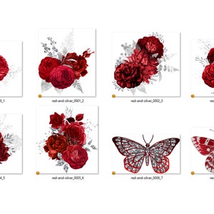 Red and Silver Floral Clip Art, Digital Instant Download Painted ...