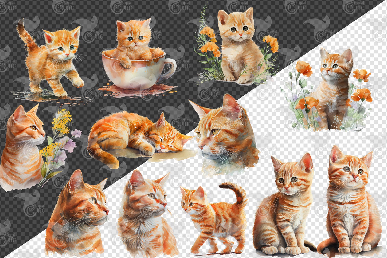 Watercolor Orange Cats Clipart Cute Floral Tabby Cats and Kittens With ...