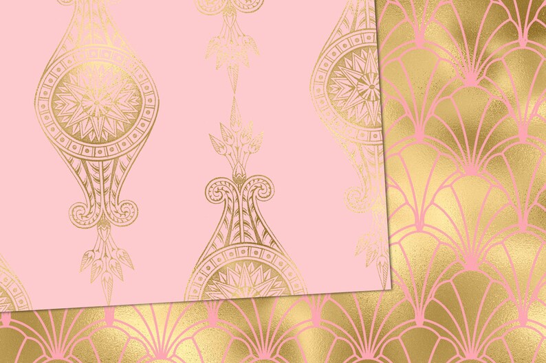 Pink and Gold Art Deco Digital Paper, Seamless Geometric Patterns ...