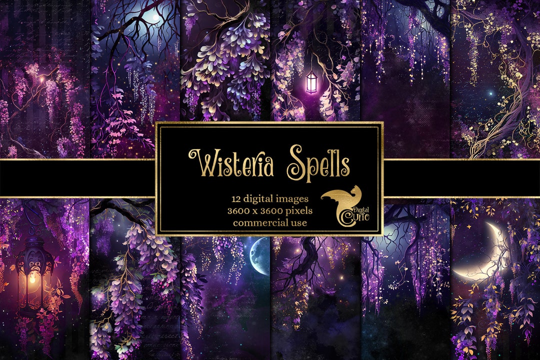 Wisteria Spells Digital Paper - Dark Galaxy Magic Floral Grunge ...