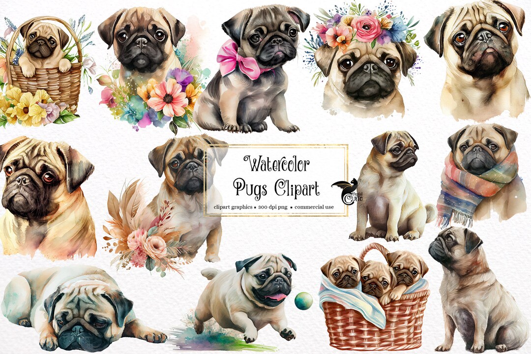 Watercolor Pugs Clipart - Cute Pug Dogs and Puppies PNG Format Instant ...