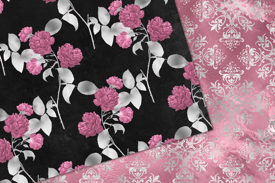 Pink and Silver Floral Digital Paper Seamless Pink Rose - Etsy