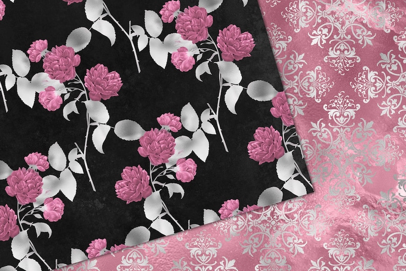 Pink Silver Floral Digital Paper: Seamless Rose Scrapbook Patterns ...