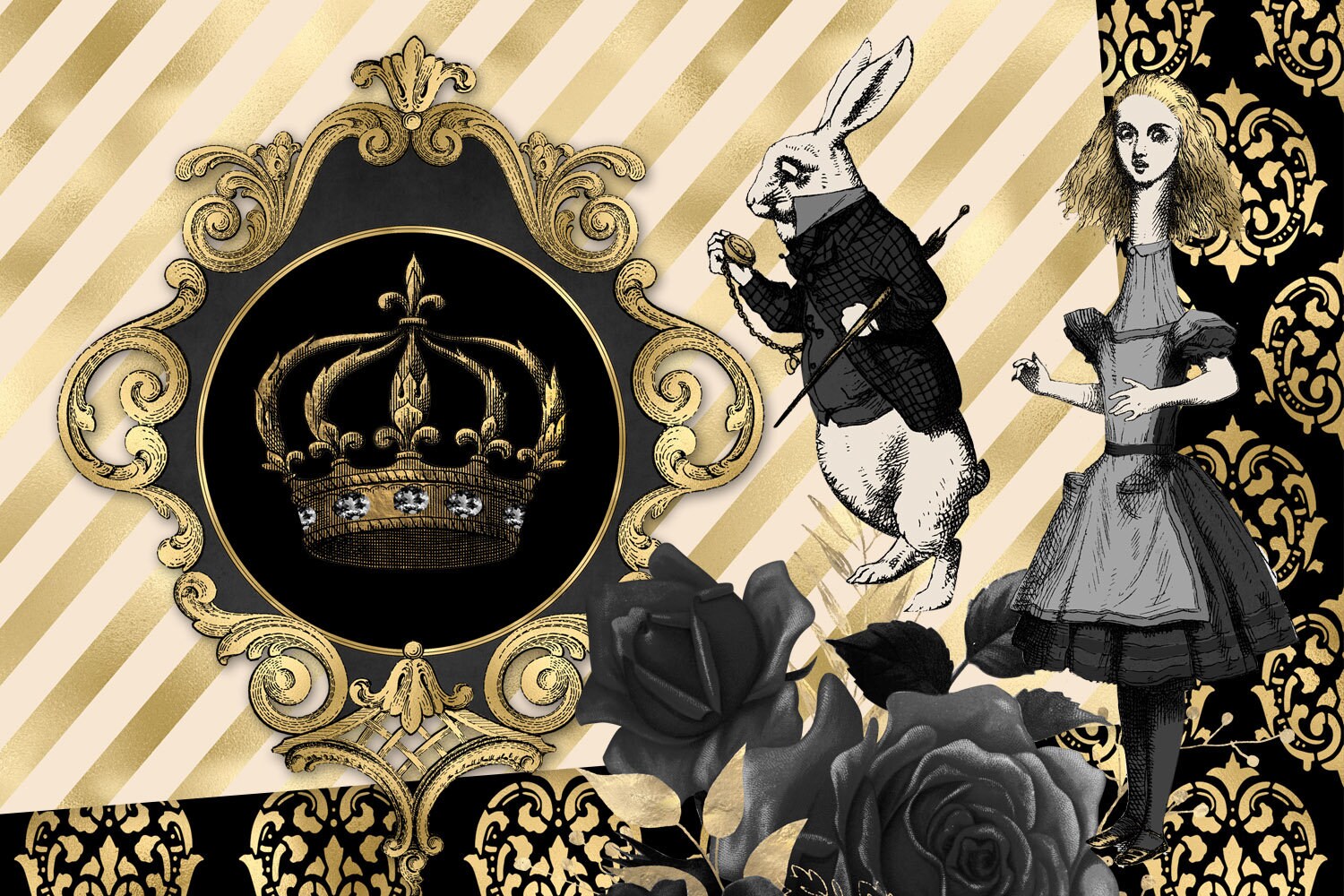 Black and Gold Alice in Wonderland Clipart, Digital Scrapbook Kit ...
