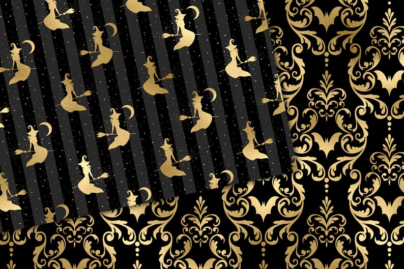 Black and Gold Halloween Digital Paper, Gothic Witch, Skulls (digital ...