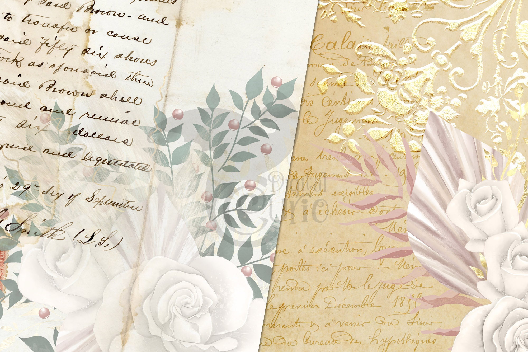 Boho Floral Ephemera Digital Paper – Rustic French Scrapbook ...